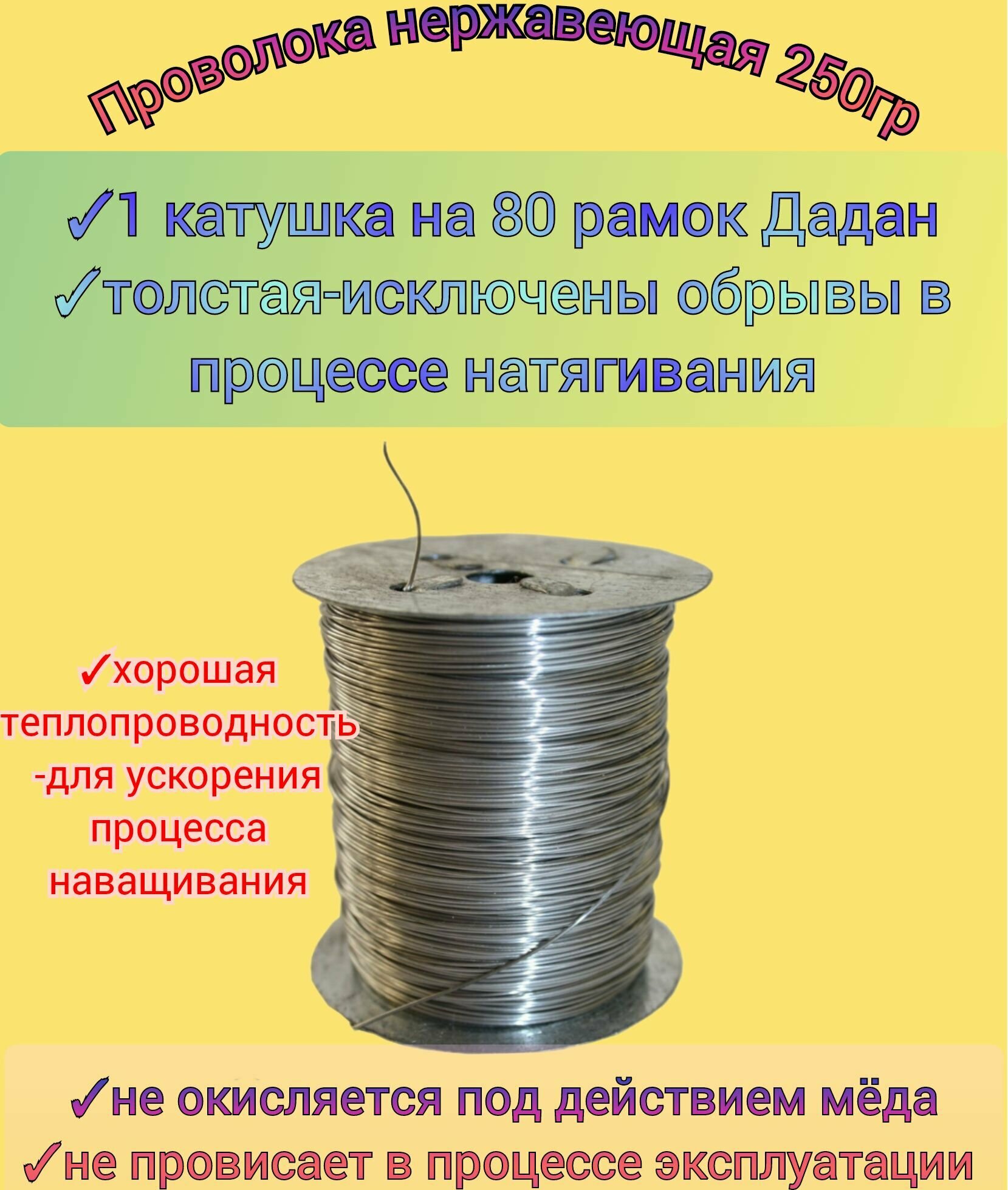 Проволока нержавеющая пищевая 250гр, для натягивания/ наващивания рамок
