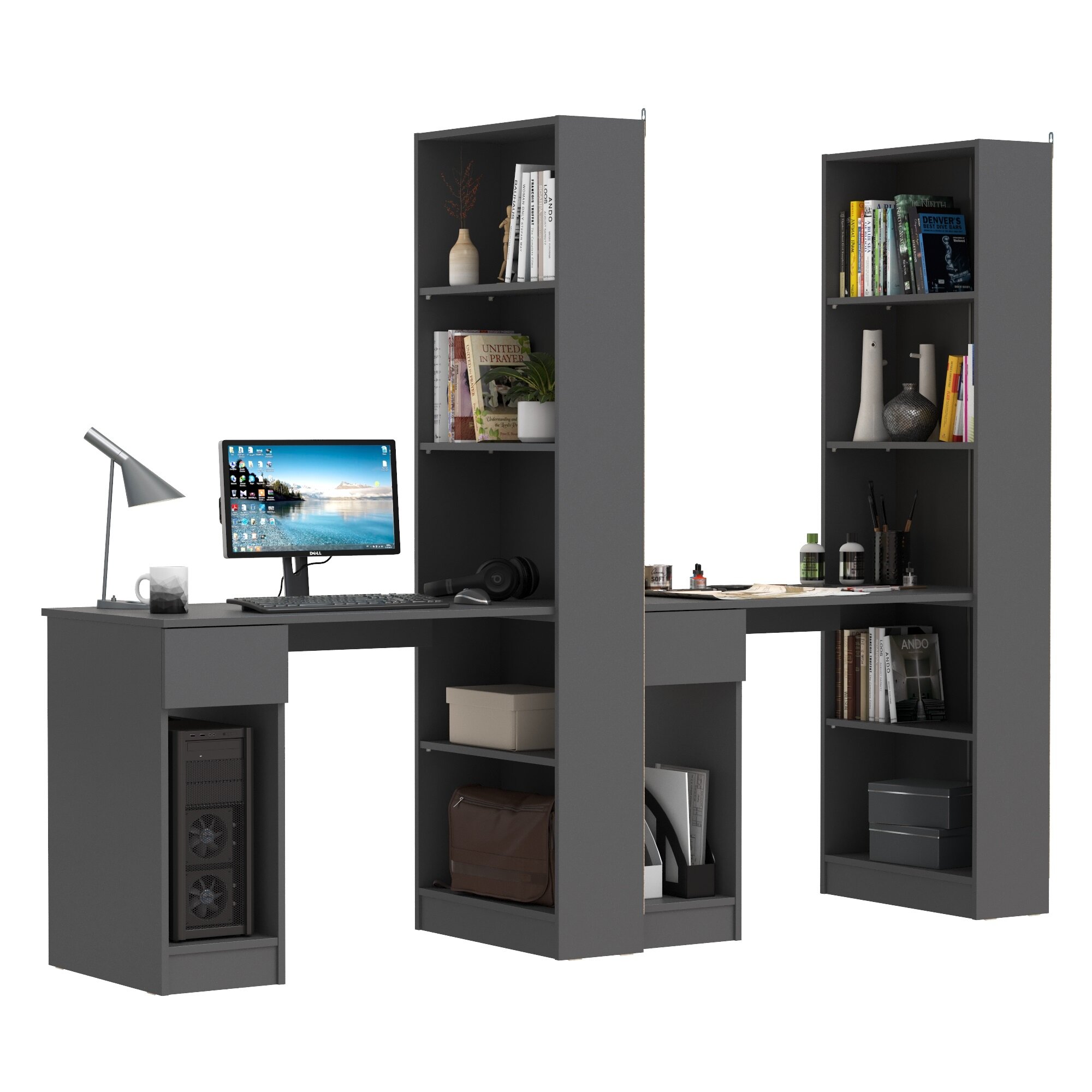 Два компьютерных стола со стеллажом Mobi Лайт 10.01 тёмно-серый, (ШхГхВ) 230,6х58х179 см