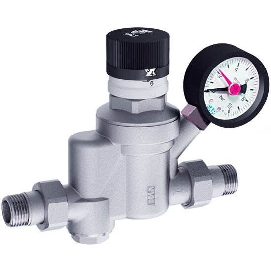 Редуктор давления Far с фильтром, хромированный, 1/2 (НР-НР) с визуализацией давления, с манометром, 600 мкм