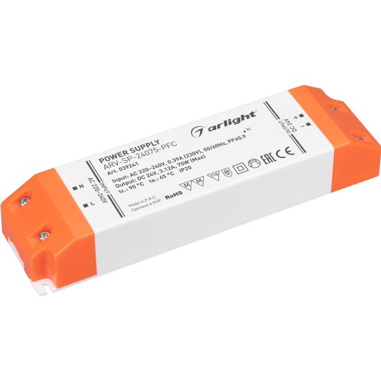 Блок питания Arlight ARV-SP-24075-PFC (24V, 3.12A, 75W) (, IP20 Пластик, 5 лет)