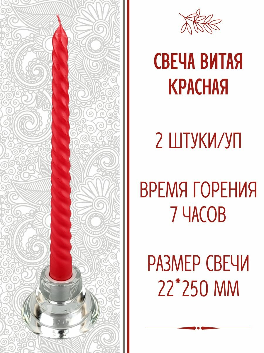 Свечи витые/античные/хозяйственные/столбики/столовые, 2 шт, красные