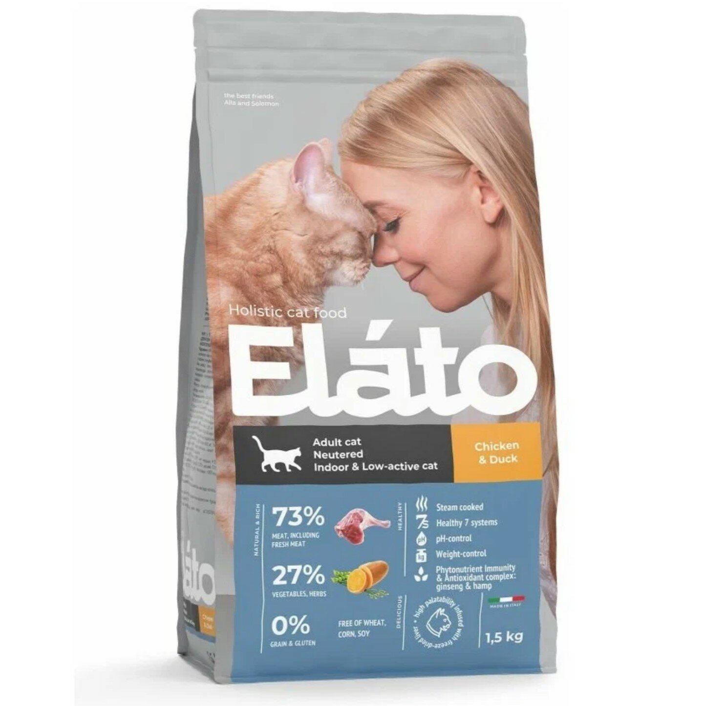 Elato Holistic сухой корм для кастрированных котов, стерилизованных и малоактивных кошек Курица и Утка 1,5кг