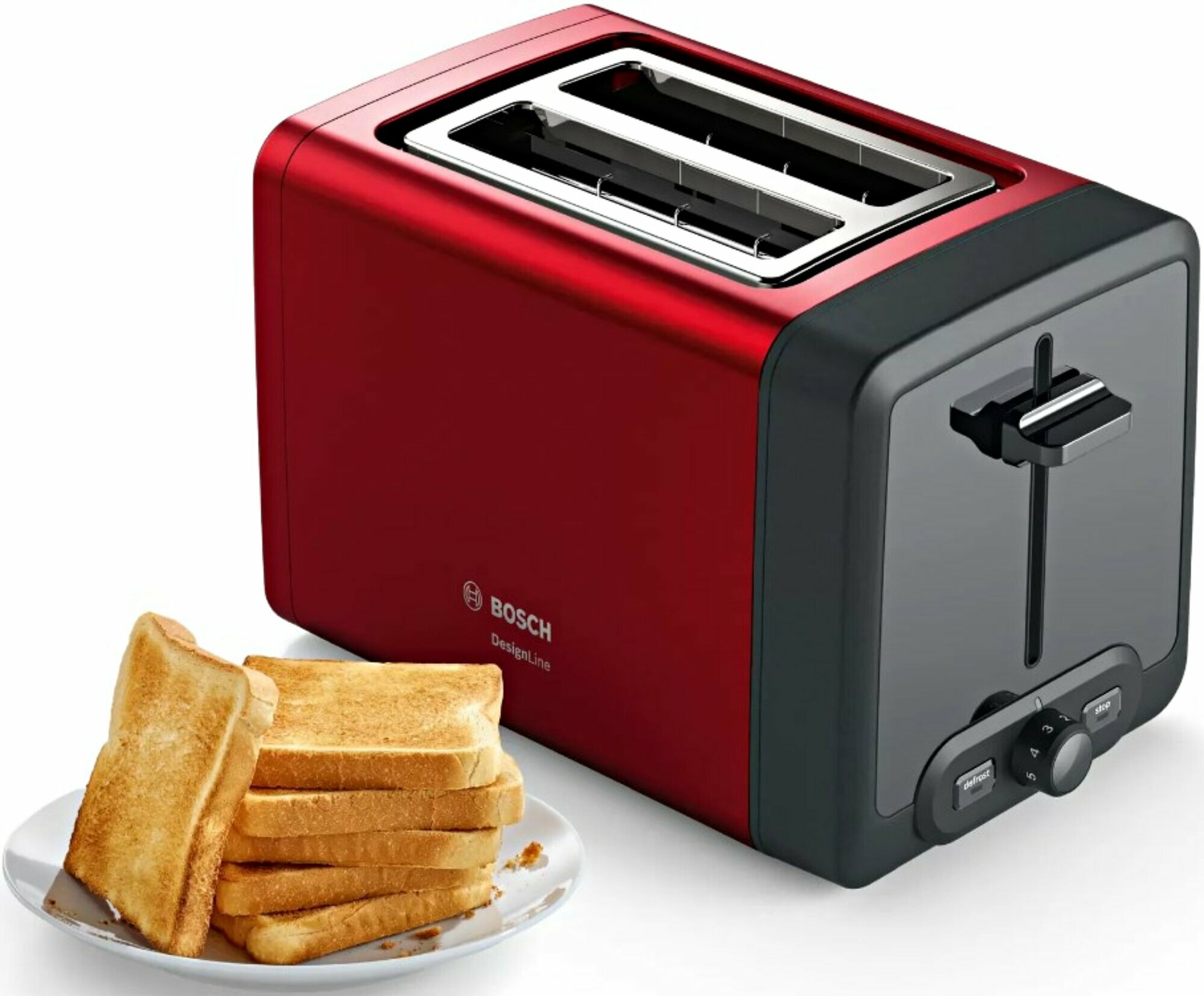Тостер Bosch Design Line TAT4P424 2 отделения, красный, экстра-подъем, таймер, мощность 970 Вт