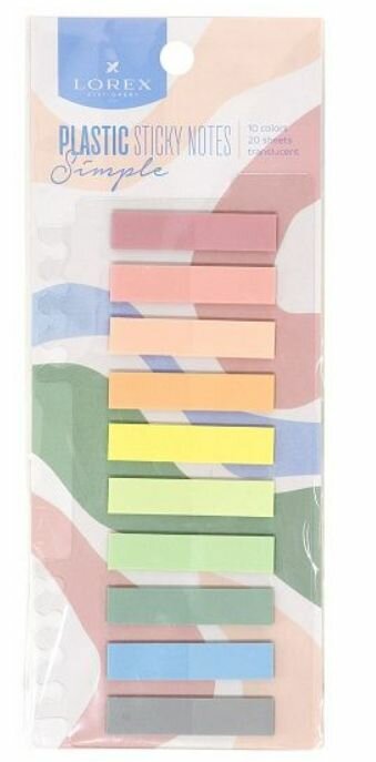 LOREX Закладки клейкие Plastic Simple, пастель, 45х10 мм, 10 цветов по 20 штук, диспенсер