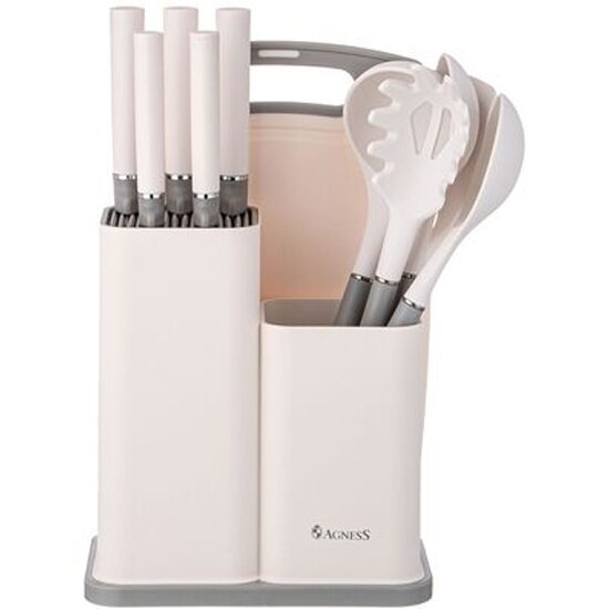 Набор Agness из 12пр: 5 ножей, доска, подставка, половник, ложка, лопатка, шумовка, ложка для спагетти (671-213)