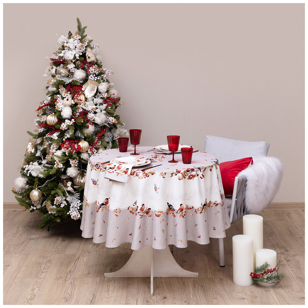 Скатерть круглая лесная сказка . снегири 190см, серый, 100% хлопок, твил с пропиткой KSG-850-744-22