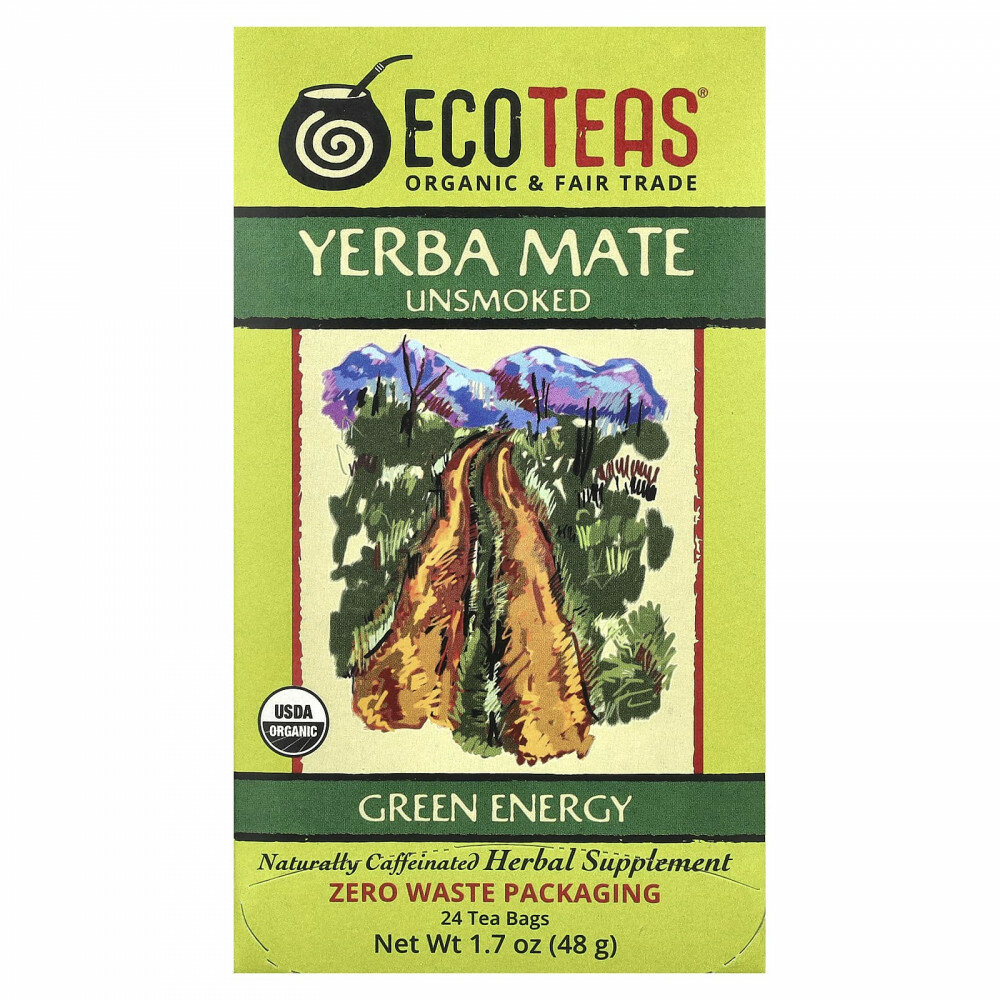 EcoTeas, йерба мате, «зеленая энергия», без копчения, 24 чайных пакетика, 48 г (1,7 унции)