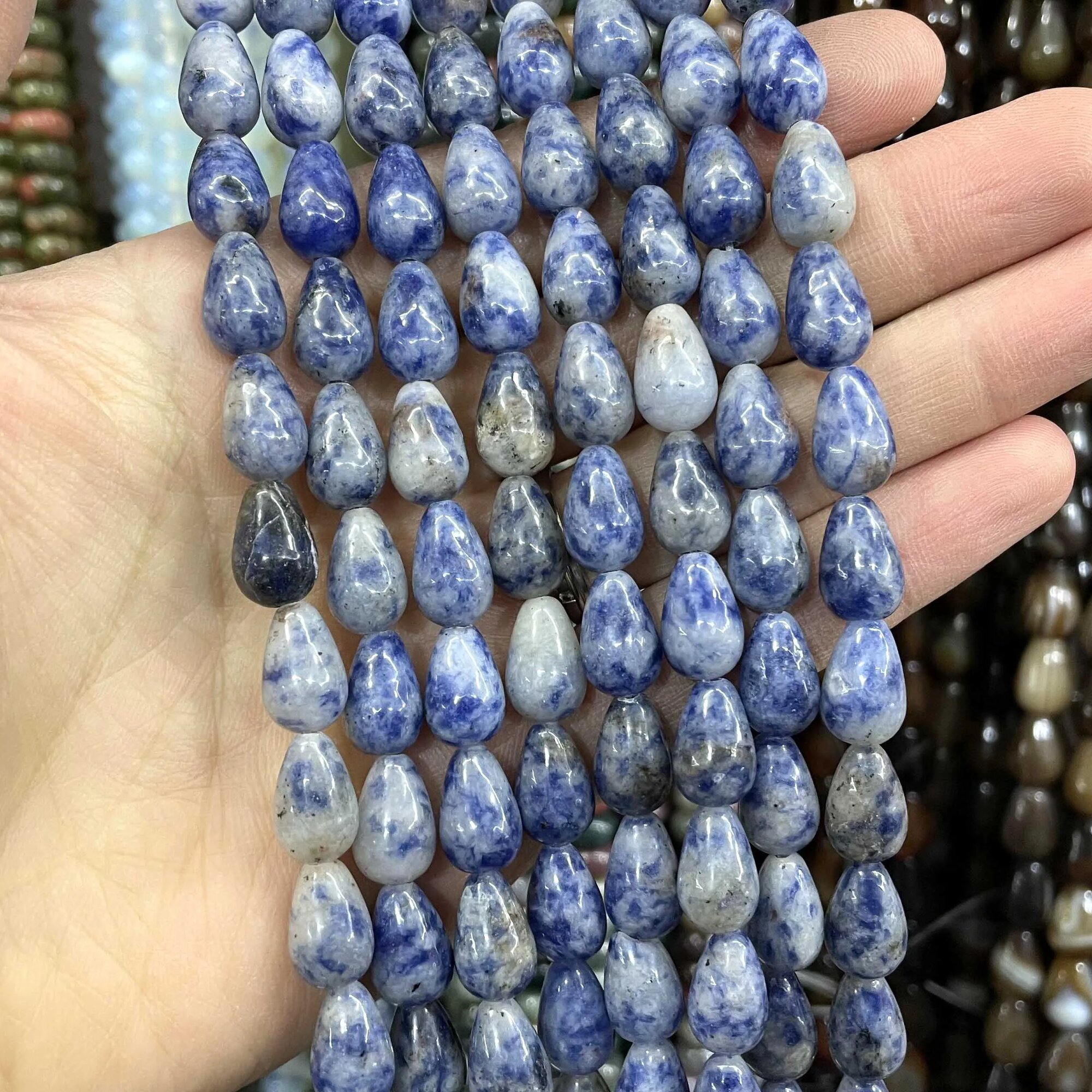 Бусины из камня капля вода SYSRXLR Синий, 8X12mm about 15pcs, White Dot Blue
