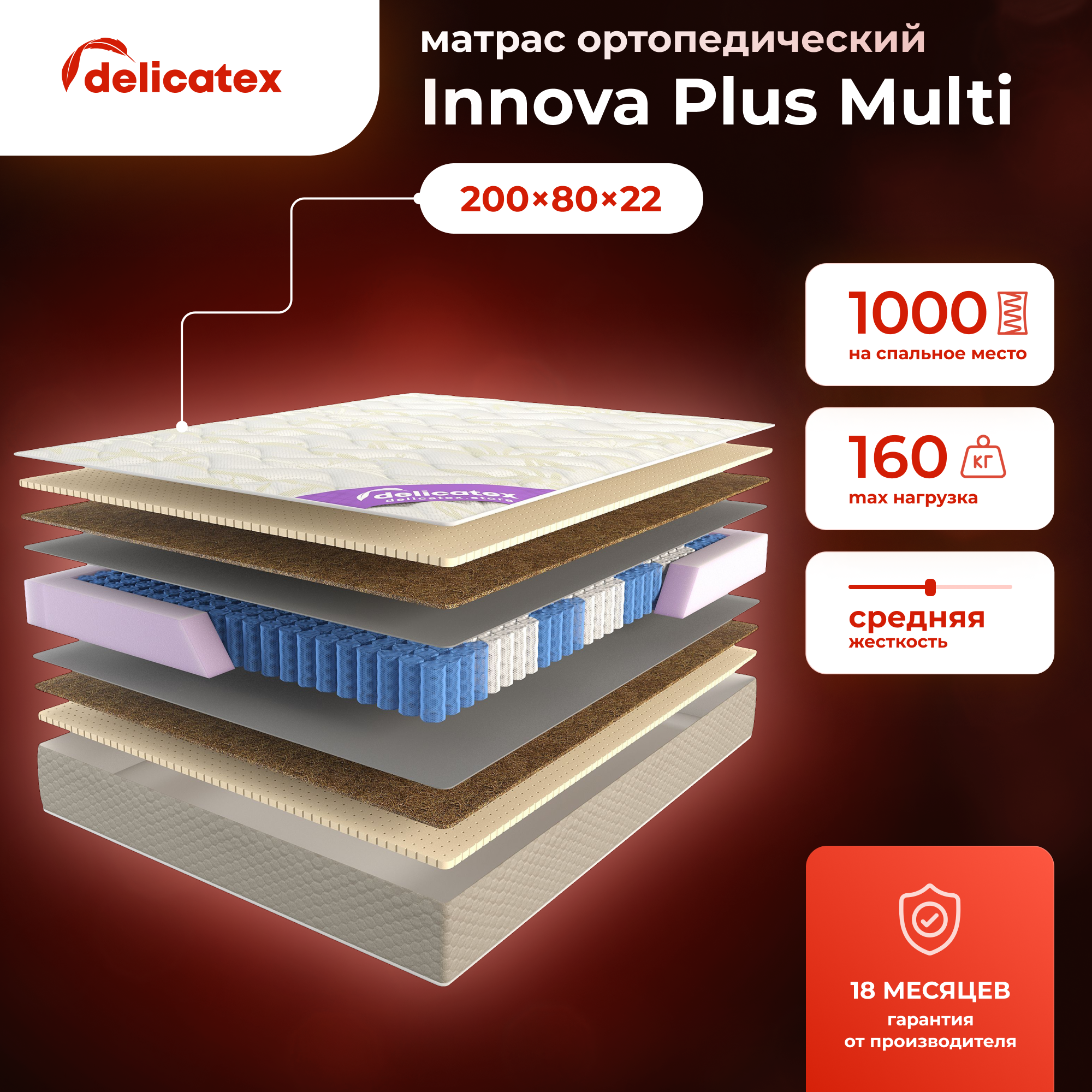 Матрас на независимых пружинах Delicatex Innova Plus multi 80x200x22 см