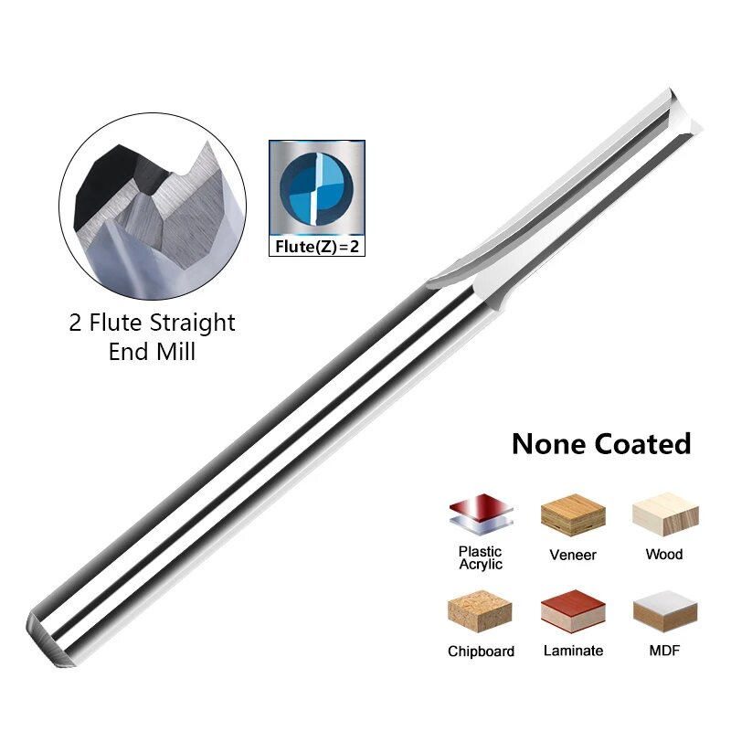 10 шт, 2-зубая прямая фреза, хвостовик 3,175 мм, фреза с ЧПУ для дерева, МДФ, пластика, 4-32 мм, карбидная концевая фреза с нано-синим покрытием None Coated, 10pcs 2.5x12mm