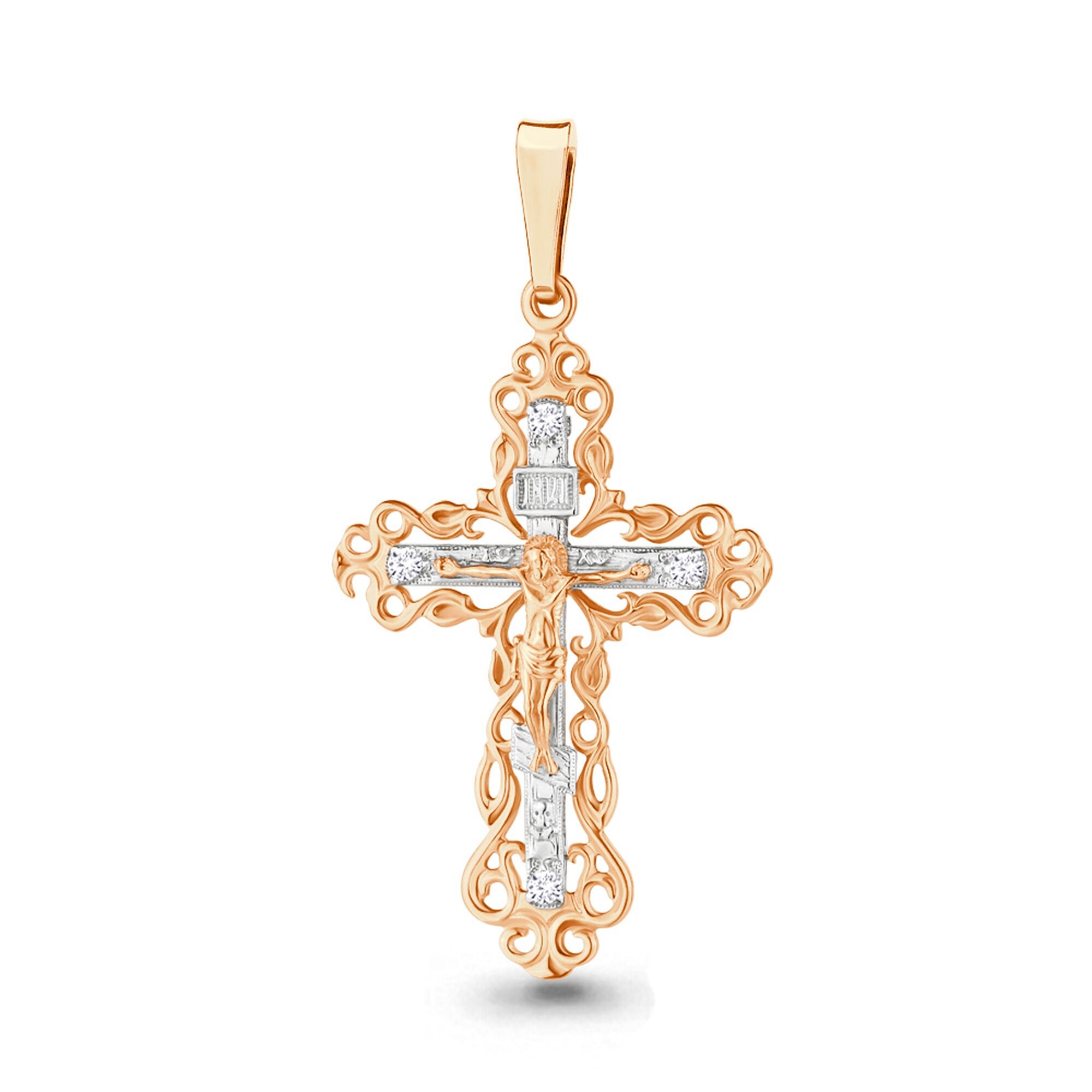 Крестик, серебро, 925 проба, золочение, фианит