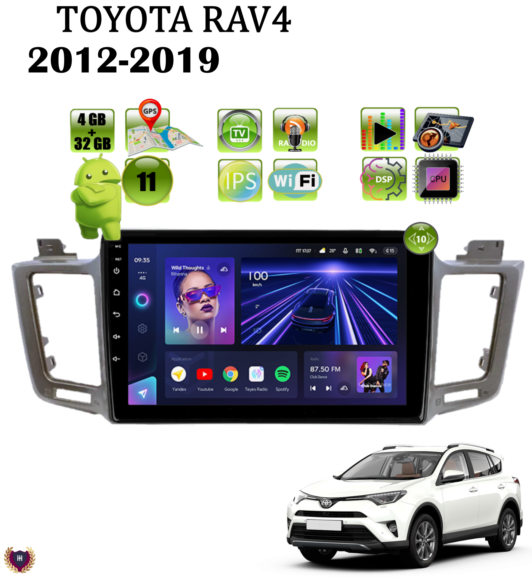 Автомагнитола для Toyota RAV4 (2012-2019) , Android 11, 4/32 GB, Bluetooth, WiFi, CarPlay, GPS, IPS, разделение экрана, сенсорные кнопки, поддержка кнопок на руле