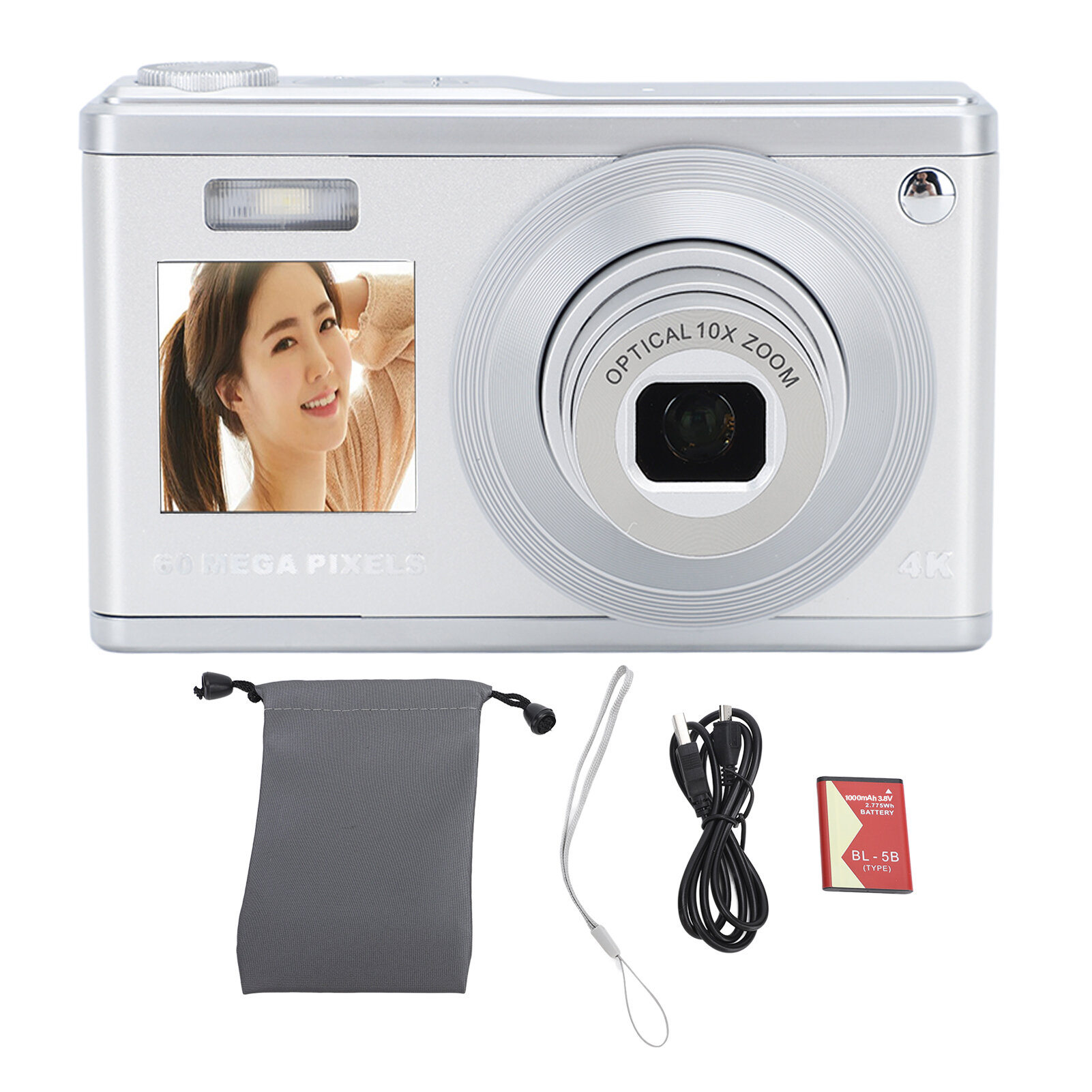 Цифровая камера 4K с двойным HD IPS-экраном, 10-кратным оптическим зумом, автофокусом, ретро-стиль, компактная цифровая камера с телескопическим объективом для путешествий, фотосъемки и видеоблогинга, серебристый цвет.