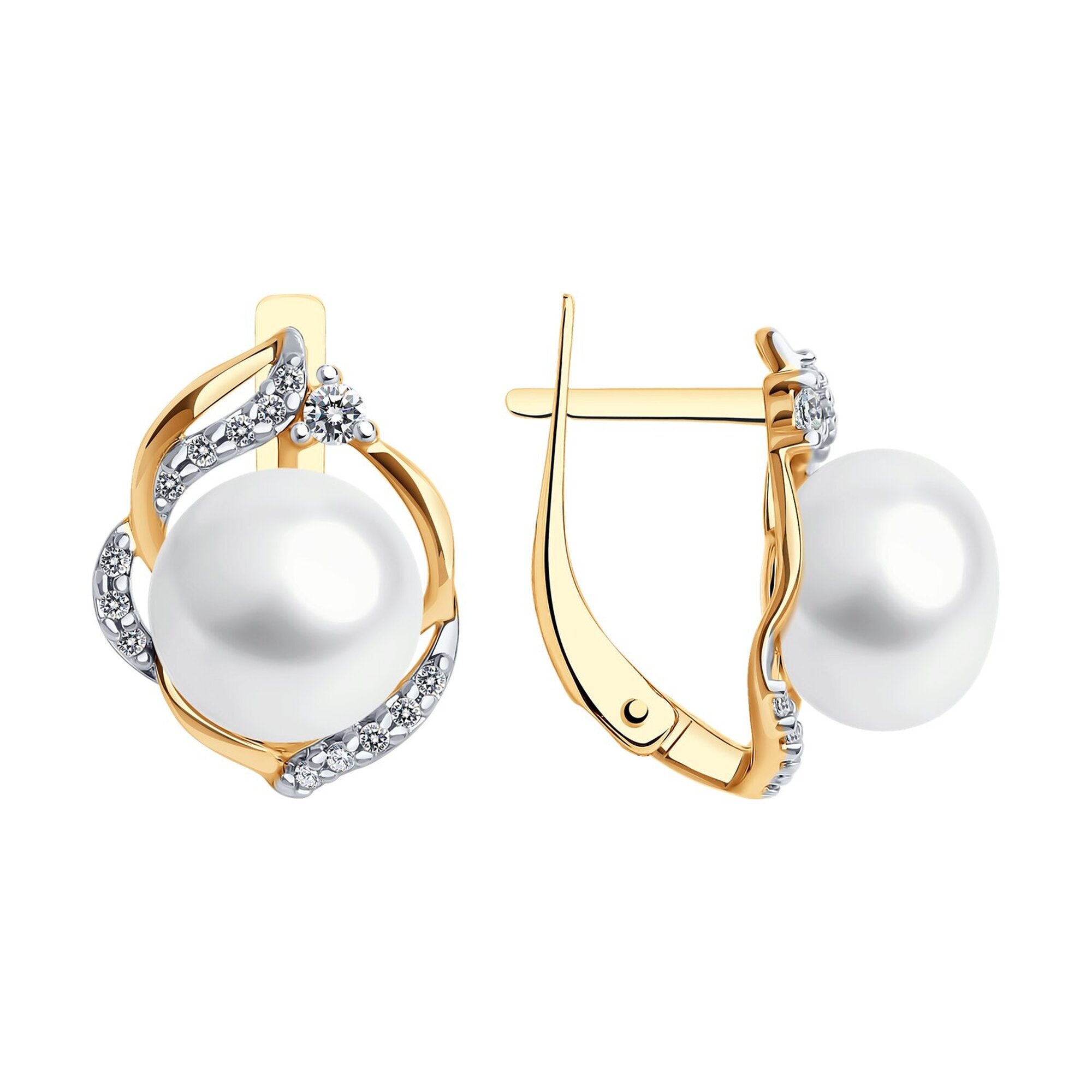 Серьги, серебро, 925 проба, золочение, фианит, жемчуг