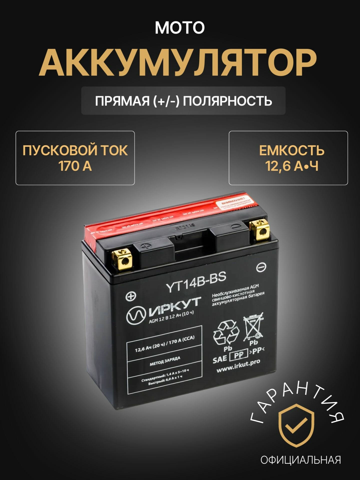 Аккумулятор для мототехники иркут YT14B-BS 12В 12,6Ач 170А, Прямая полярность