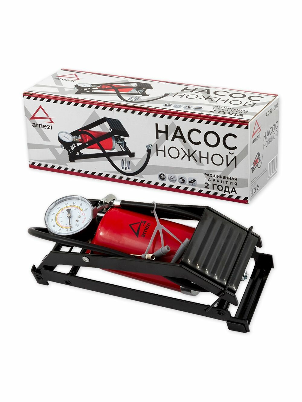 Насос воздушный ножной, одноцилиндровый 650 куб. см с манометром 0-10Атм и шлангом L 55 см ARNEZI A0301003