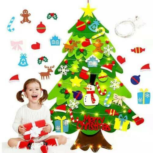 Felt Christmas Tree with LED Light String and 32Pcs Ornaments Hanging Tree Decoration for Household