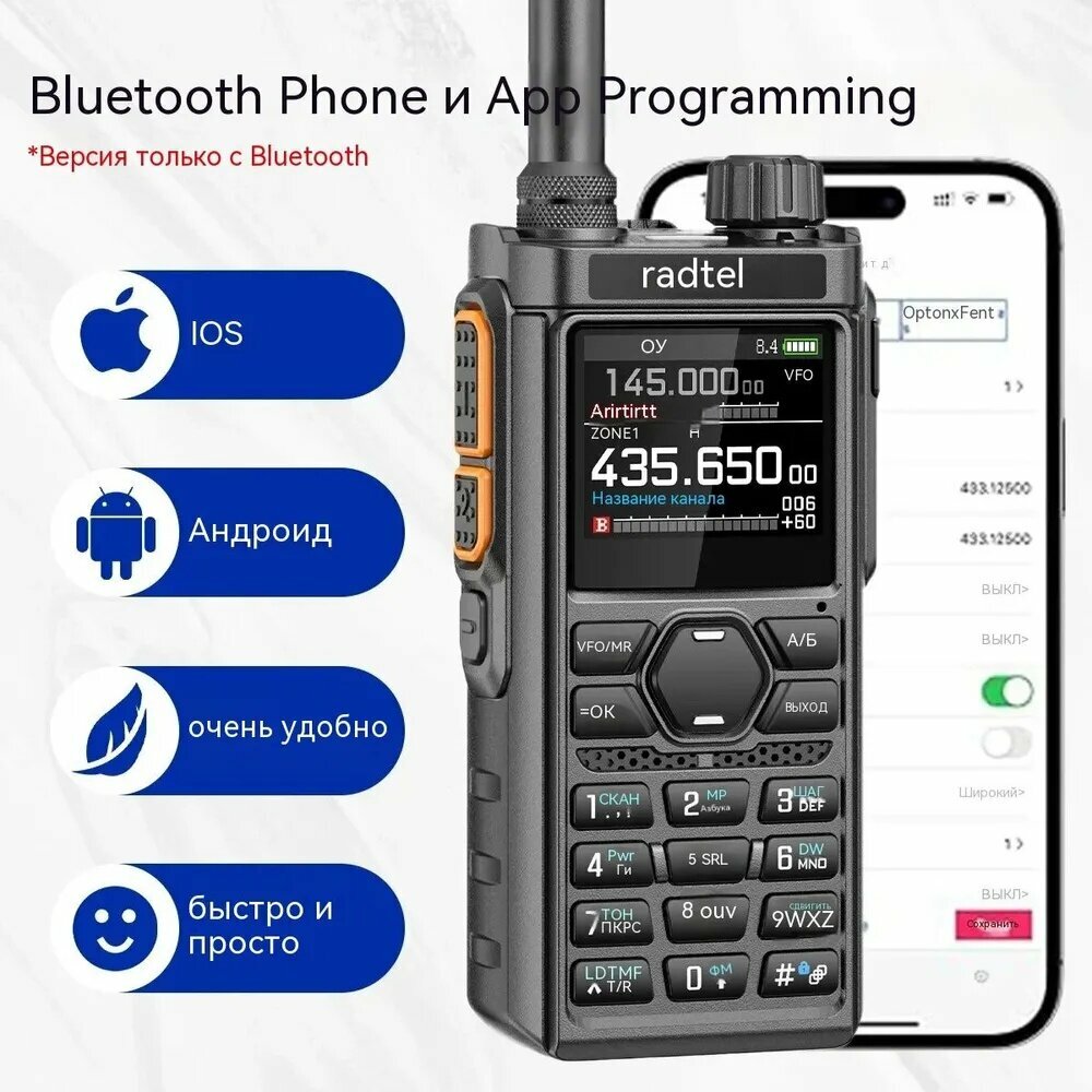Radtel RT-910B: многодиапазонная радиостанция (6-метровый диапазон) 45-59МГц передача/прием, 960 каналов, AM/FM, двухсторонняя радиосвязь, авиационный диапазон, Type C, подавление шумов по спектру