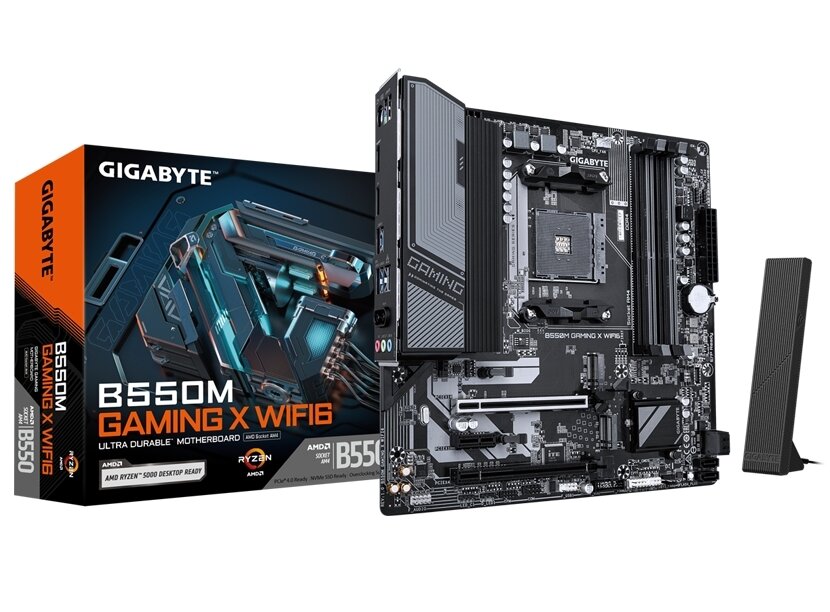 Материнская плата Gigabyte B550M GAMING X WIFI6, AM4, AMD B550, 4xDDR4, 4xSATA, 2xM.2, 1xPCIe 4.0 x16, 1xPCIe 3.0 x4, 1xPCIe 3.0 x1, 1xDP, 1xHDMI, 1x1Gb LAN, Wi-Fi 6, Bluetooth 5.3, 4xUSB-A 5Gbps, 2xUSB-A 2.0, 3x3.5 мм, 7.1, mATX