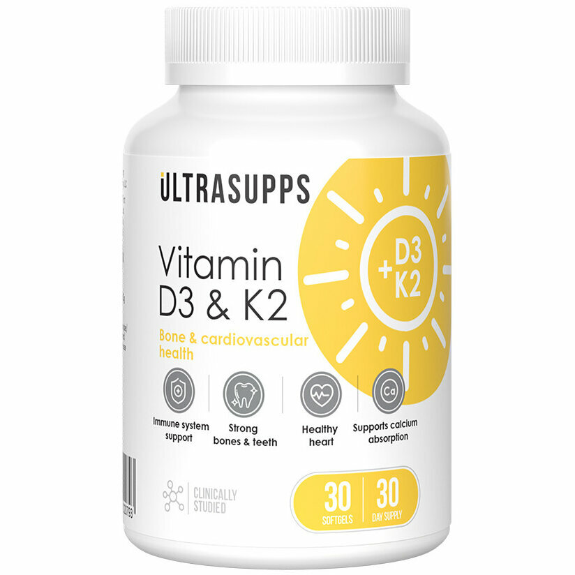 БАД UltraSupps "Vitamin D3 & K2", 30 капсул, для укрепления костей, зубов, ногтей