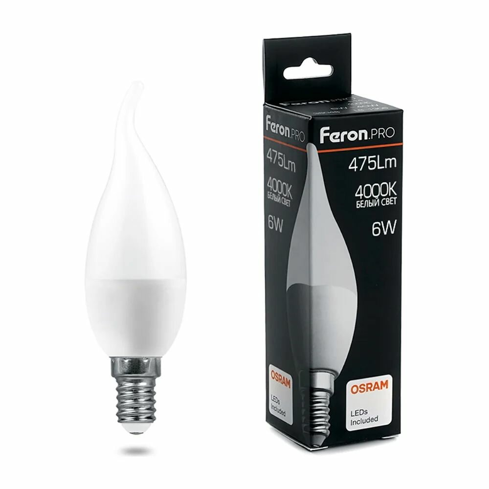 Светодиодная лампа FERON PRO LB-1306 Свеча E14 6W 4000K OSRAM LED 38048