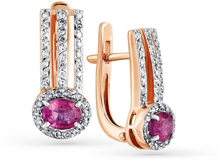 Серьги, красное золото, 585 проба, рубин, бриллиант