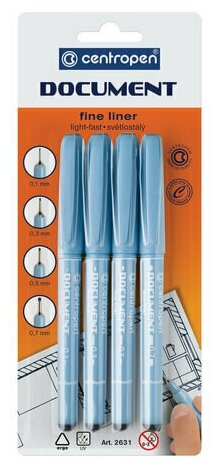 3 шт. Ручки капиллярные (линеры) черные CENTROPEN "Document" набор 4 шт, линия 0,1/0,3/0,5/0,7 мм, 2631/4, 2 2631 0404