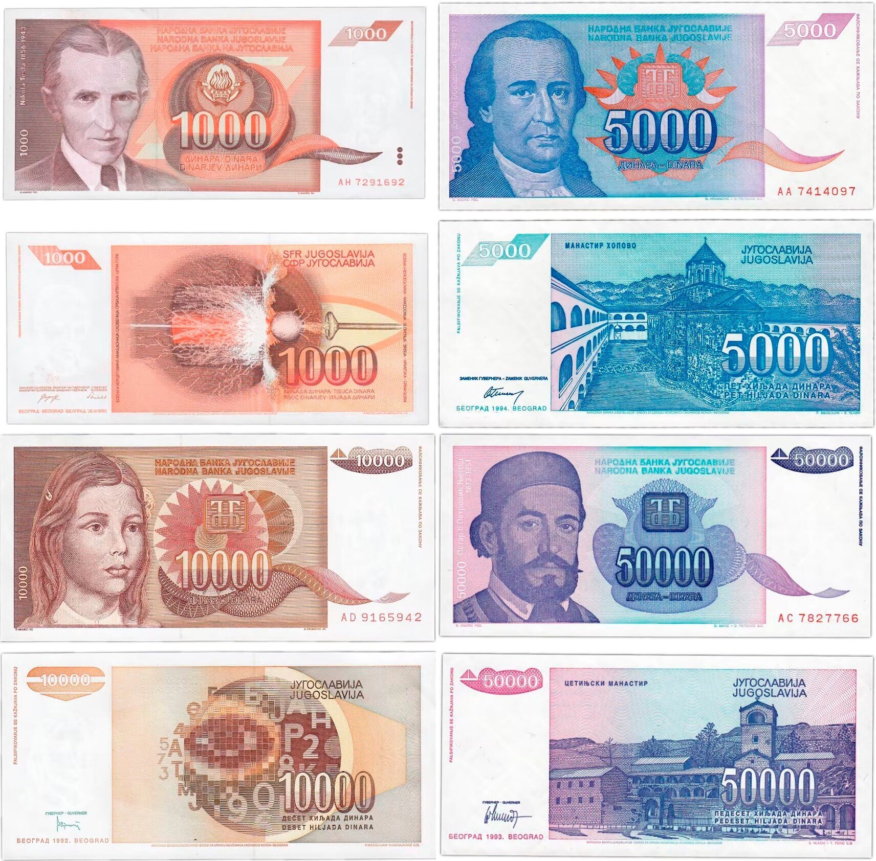 Комплект банкнот Югославии, состояние UNC (без обращения), 1990-1994 г. в.