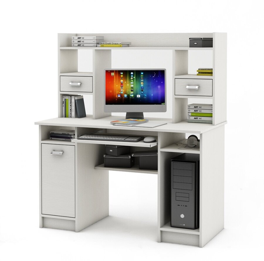 Стол компьютерный ВМФ Имидж (Арсенал) 32, белый, ЛДСП, с надстройкой, ящиками и полкой для клавиатуры