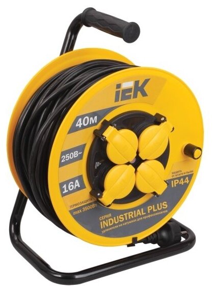 Удлинитель силовой на катушке Iek УК40 с т/з 4 места 2P+PE/40метров 3х1,5мм2 IP44 "Industrial plus", WKP15-16-04-40-44