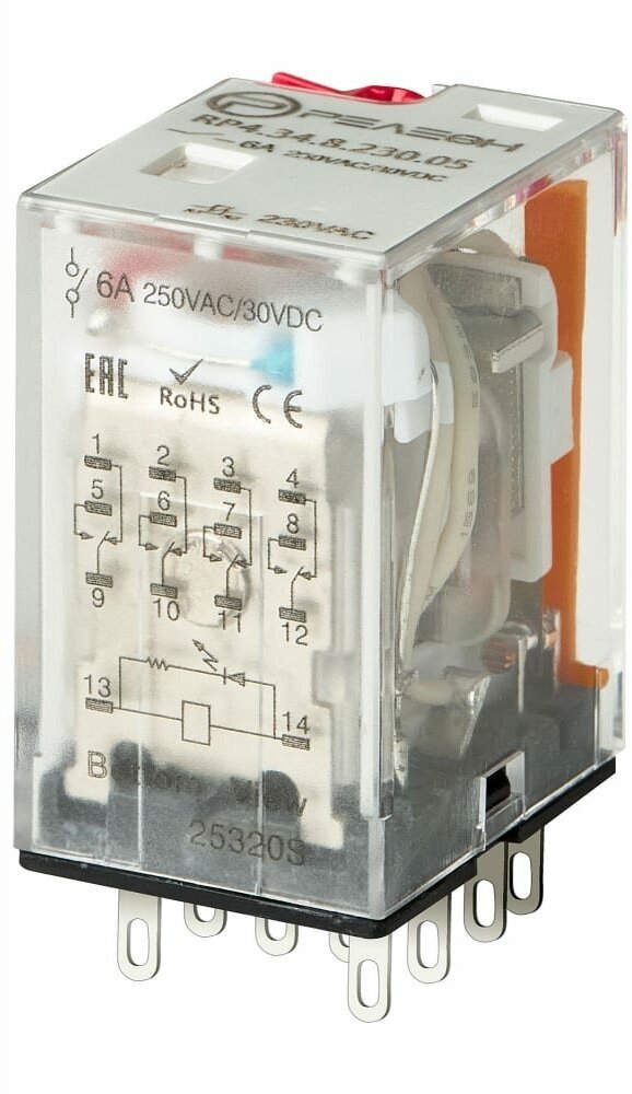 Промежуточное реле релеон 4 перекидных контакта 6А 230В AC блокируемая кнопка проверки + светодиод RP434823005