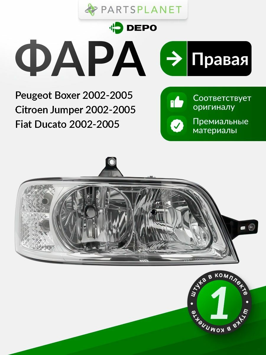 Фара правая для Ситроен Джампер 2002-2005, Фиат Дукато 2002-2005, Пежо Боксер 2002-2005, oem 1337815080 арт 5501130RLDEM