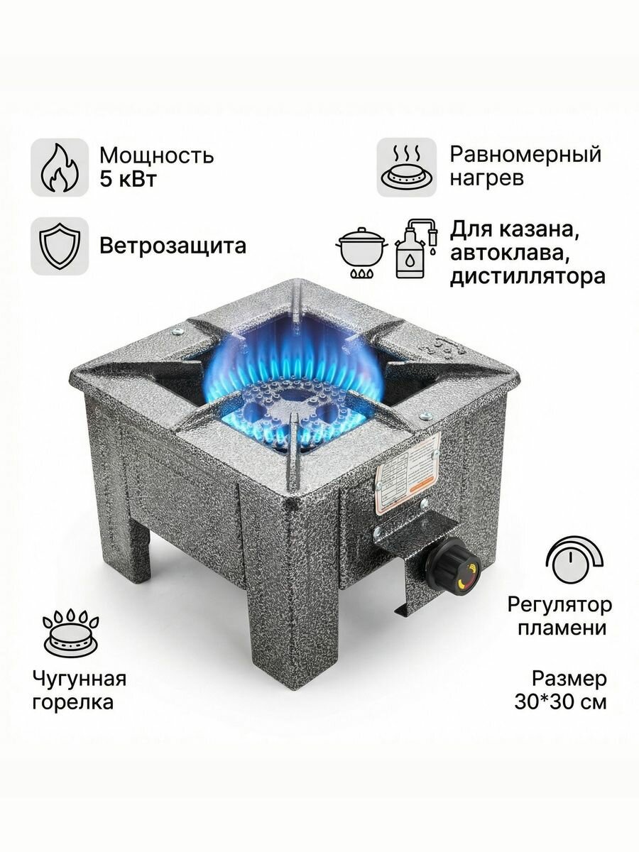 Газовая горелка MILAN, 5кВт, 30*30 см (баллонный газ), квадрат для казана/автоклава/дистиллятора, й газ), квадрат для казана/автоклава/дистиллятора, с ветрозащитой.
