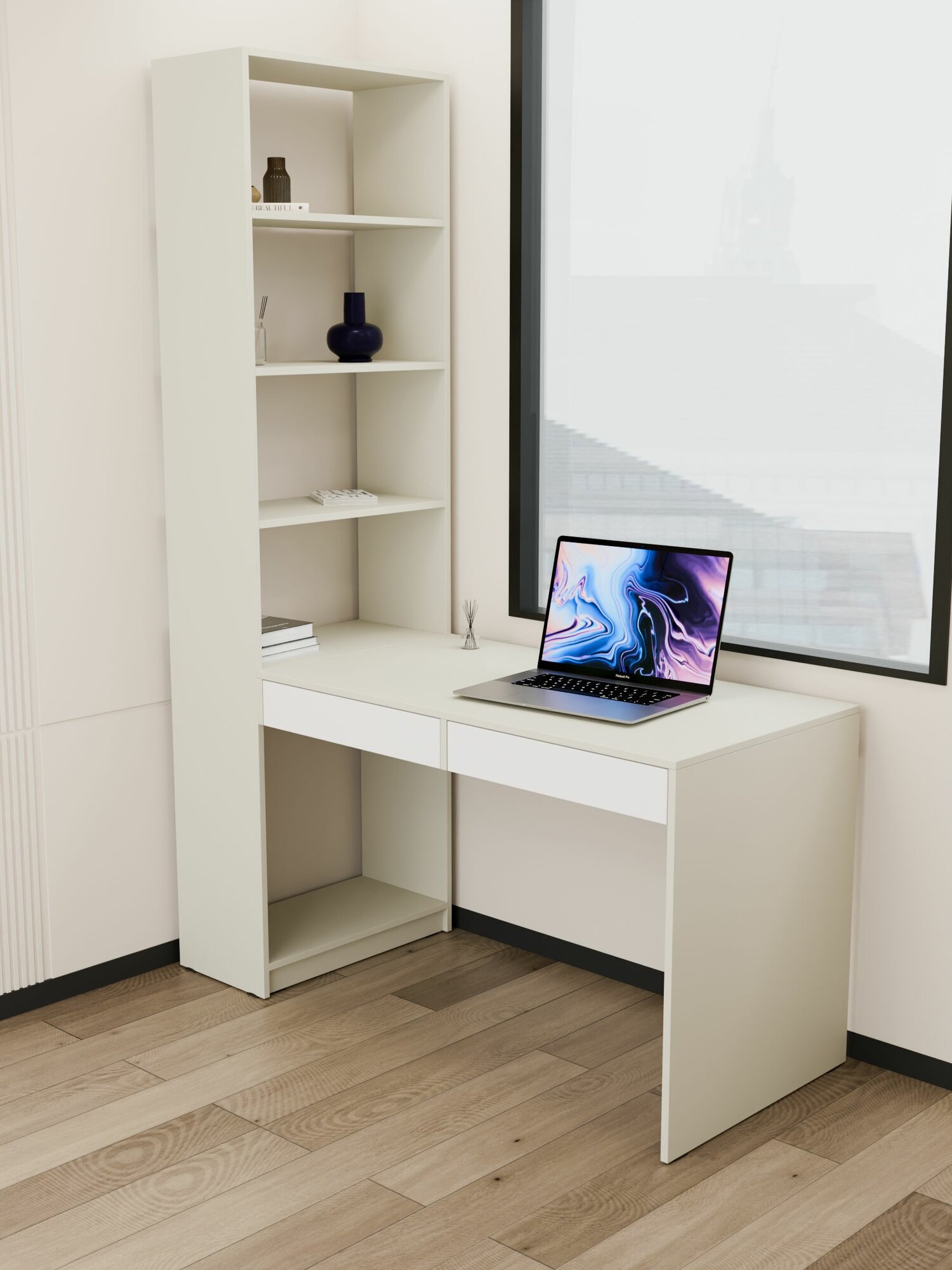 Изумлит Стол-стеллаж письменный угловой для учебы и работы Джокер, стеллаж слева 200х59.2х140 см, бежевый-белый