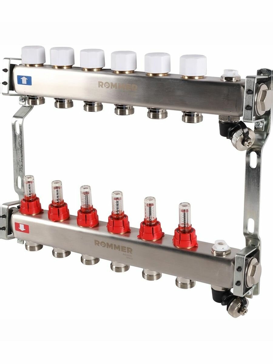 Коллектор Rommer RMS-1201-000006 6 выходов, с расходомерами, с воздухоотводчиком