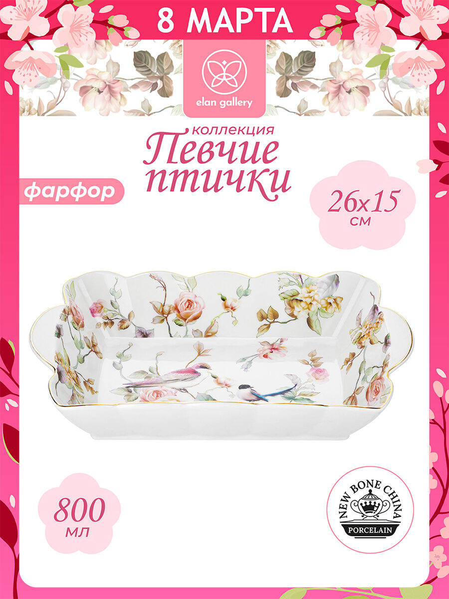 Блюдо сервировочное 800 мл Elan Gallery Певчие птички, 26,5х15,5х5 см, фарфор