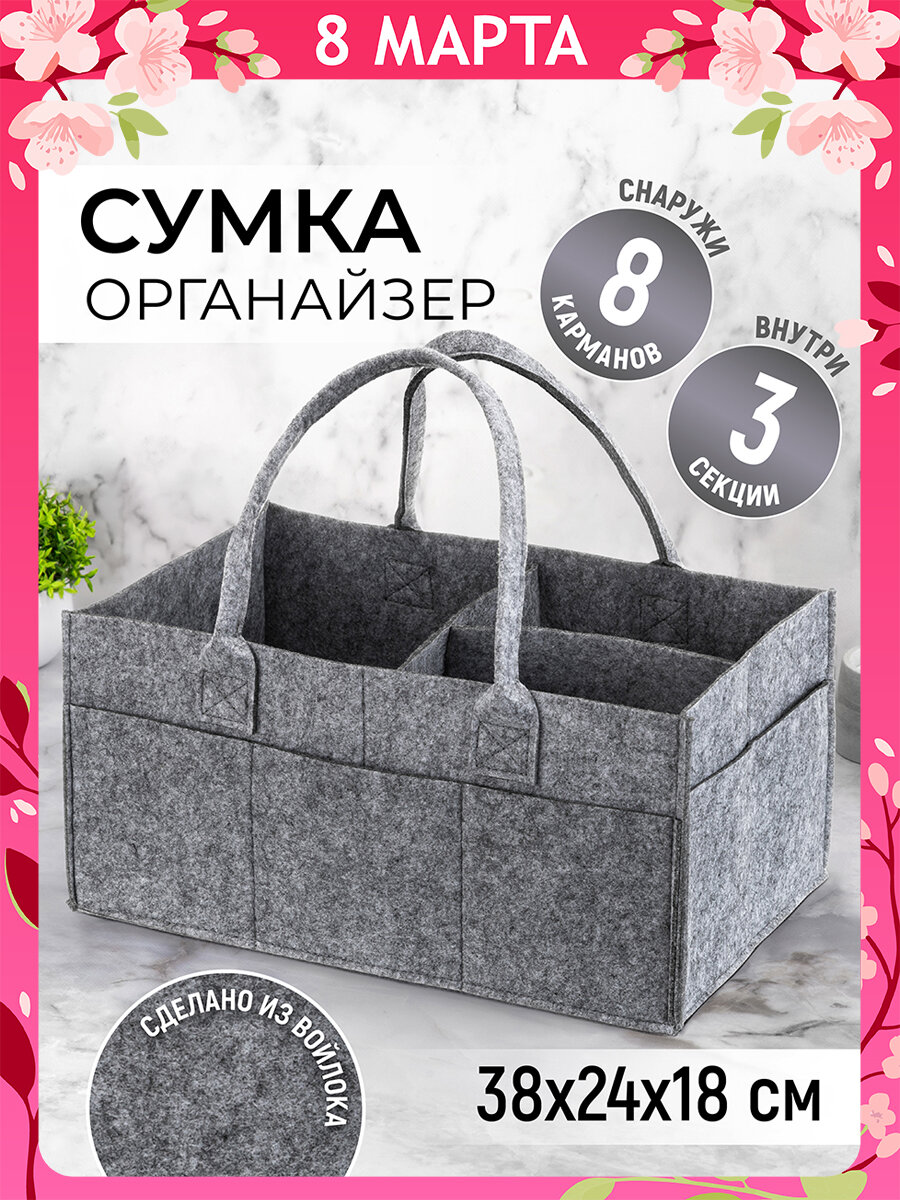 Сумка из войлока, органайзер для хранения 38х24х18 см EL Casa, серая