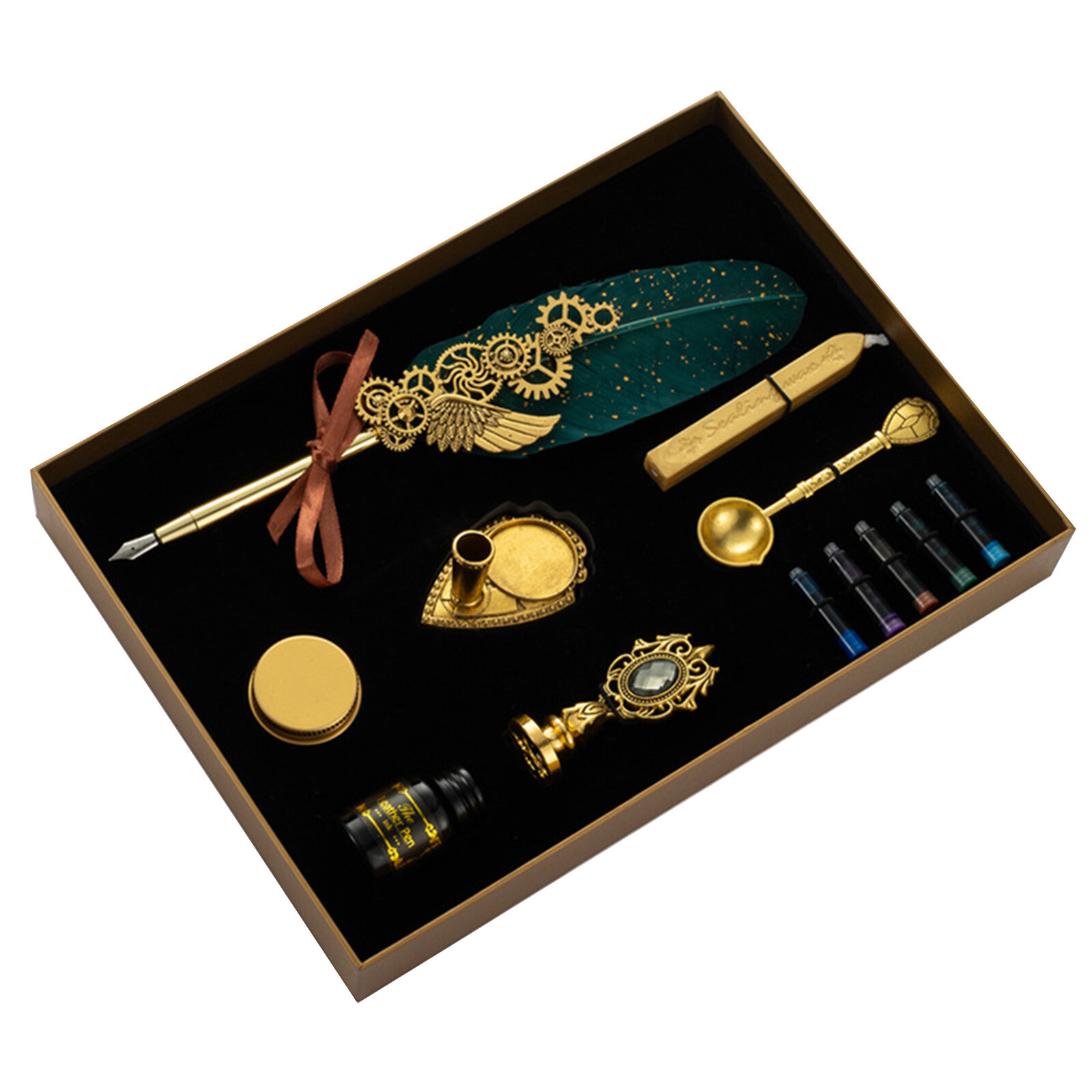 Антикварный набор перьевых перьев с 5 Красочными Чернильницами Идеально подходит для готической каллиграфии.