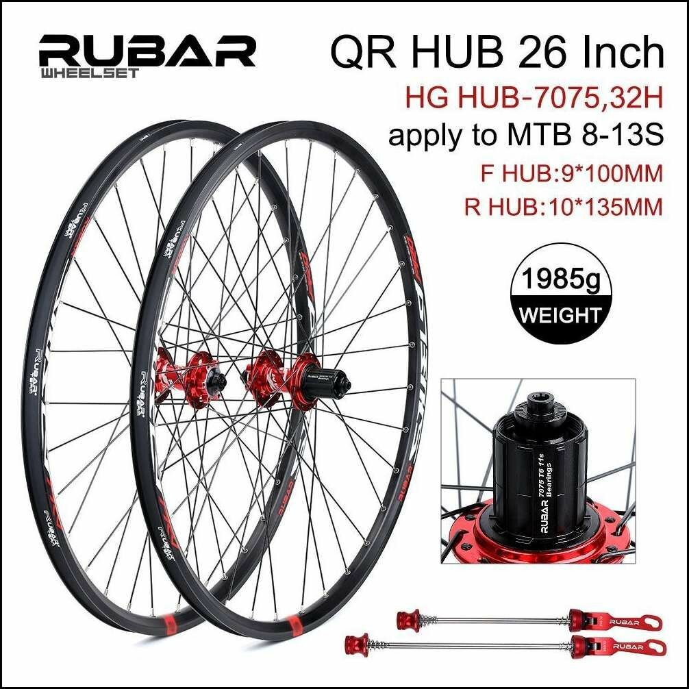 Колеса для горного велосипеда RUBAR SHIELD 26 дюймов, скорость HG11 (F; 9X100/R; 10X135) красные, пара передних и задних