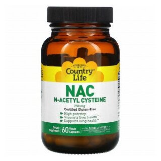 Country Life, NAC, N-ацетилцистеин, 750 мг, 60 вегетарианских капсул