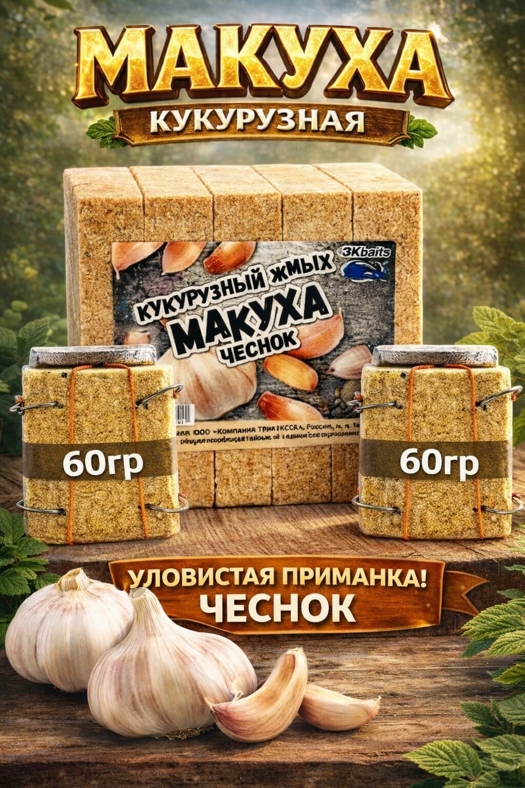 Макуха рыболовная "чеснок" жмыховки по 60 г 2шт, прессованные бруски жмыха для макушатника, приманка для карпа карася