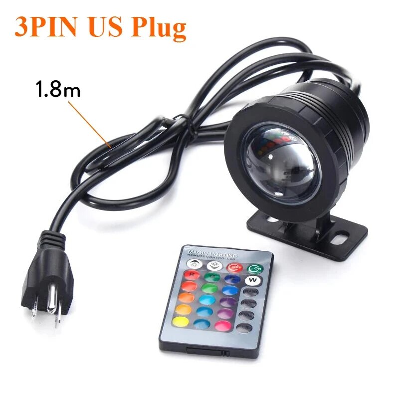 Эранпо RGB Подводный светодиодный прожектор 10/15 Вт Black US Plug, AC 85-265V, 10 Вт