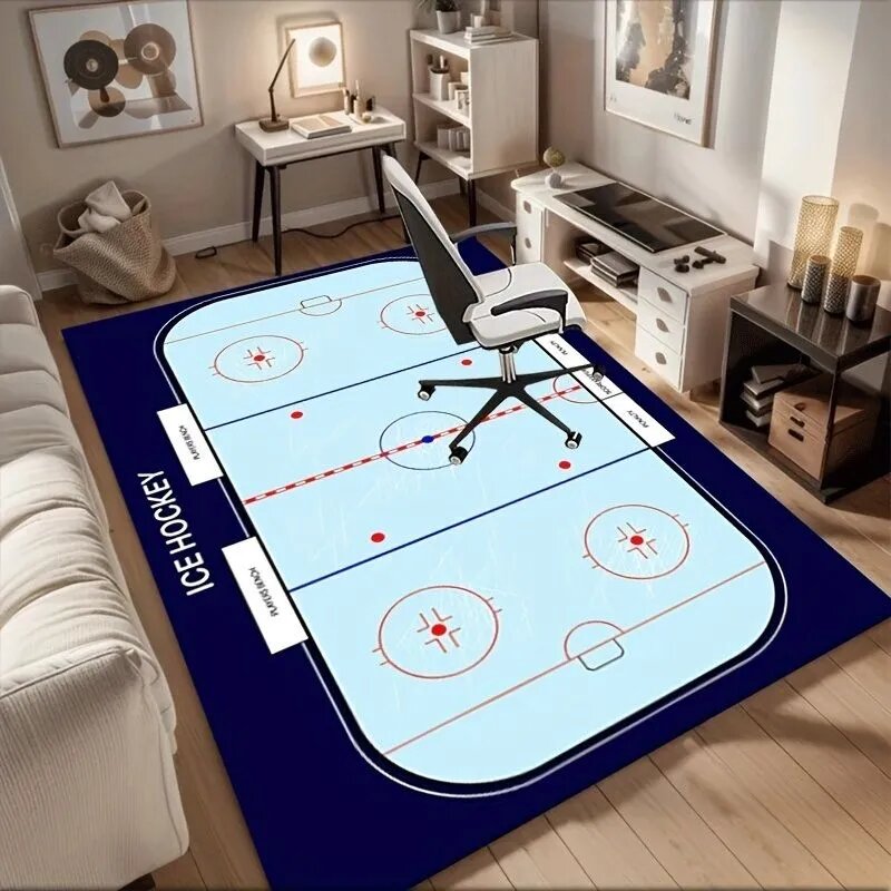 Ковер для игры в хоккей 80x120 см, с принтом хоккейного поля, мягкий бархат, прямоугольный синий — фото 1