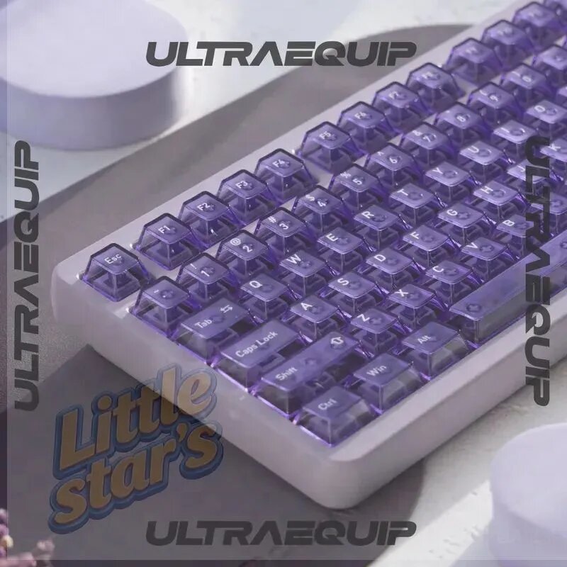 Кейкапы для механической клавиатуры - ULTRAEQUIP Набор "Фиолетовый Кристалл": 115шт, Фиолетовые Кристаллические, Матовые Полупрозрачные, Профиль Cherry, 4-Боковая Высокая Прозрачность, для MX Switch