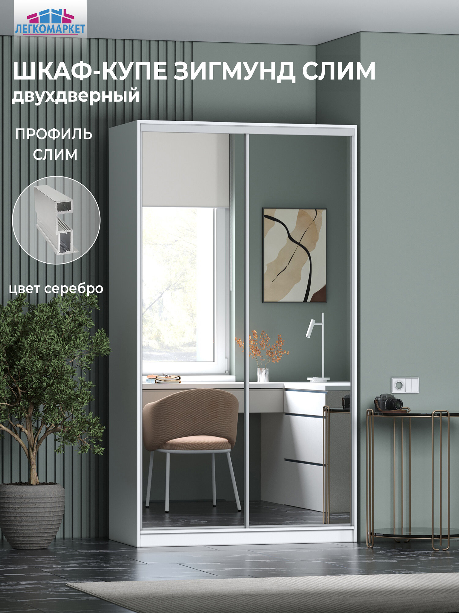 Шкаф-купе Зигмунд Слим 2 100-60-220, цвет белый, профиль серебро, наполнение платье