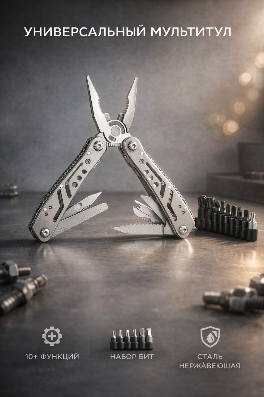 Универсальный мультитул 10 в 1 с набор бит в тканевом чехле серый