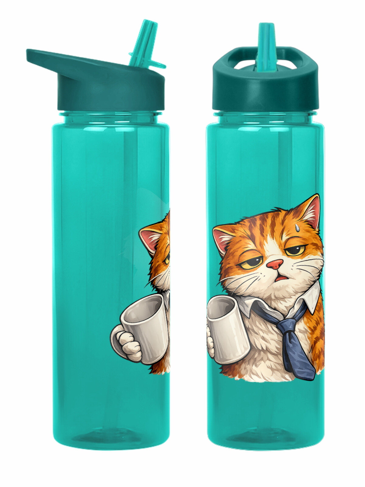 Бутылка бирюзовая для воды с принтом Кот в галстуке с пустой кружкой кофе