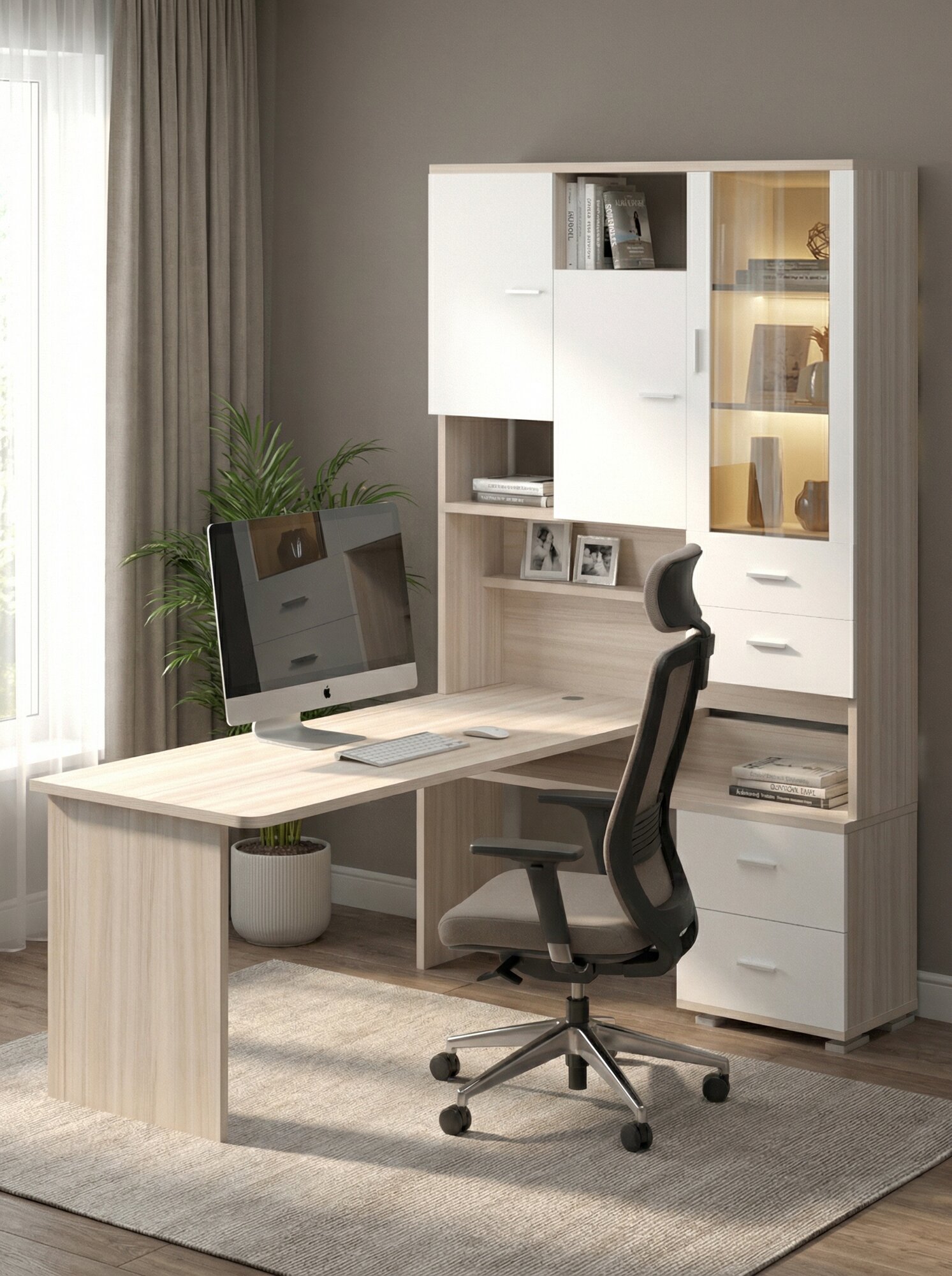 Стол компьютерный Мэрдэс СР-620/180 кбек-прав Карамель/Белый/Карамель, с надстройкой, с ящиками, 130х180х216 см