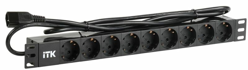 Блок розеток 9 мест PDU (немец. станд.) DIN 49440 ПВХ профиль 1U шнур 2м; вилка IEC 320 C14; черн. ITK PH22-9D2-P
