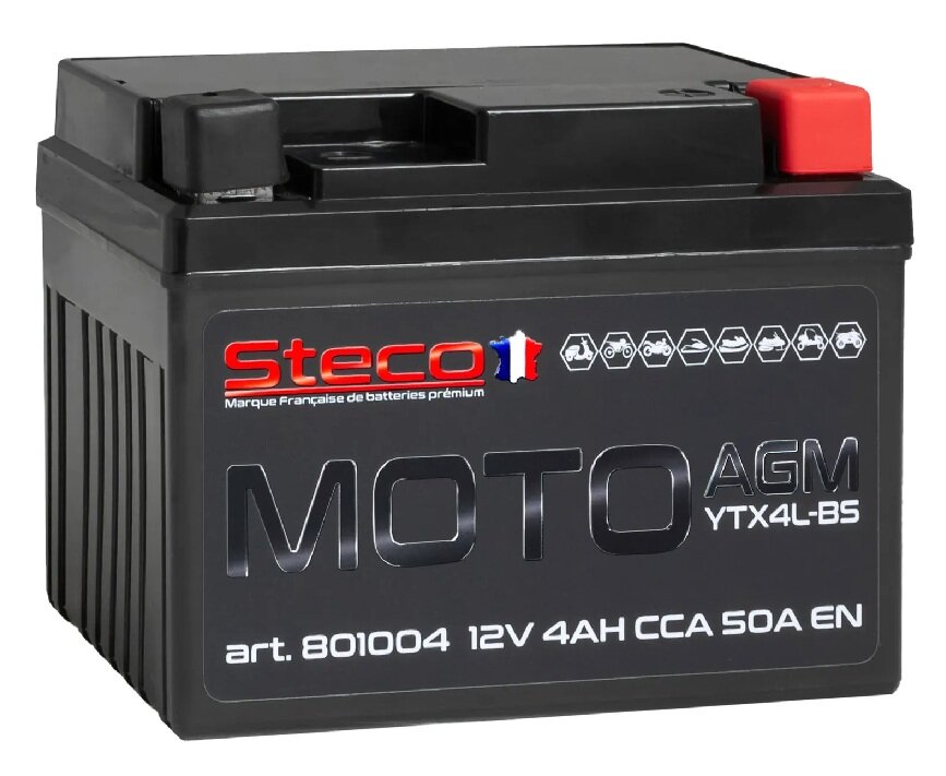 Аккумулятор для мотоцикла и скутера Steco AGM 12V 4 А/ч 50 А обр. пол. залит/заряжен 801004 (113х70х85) YTX4L-BS, YT4L-BS